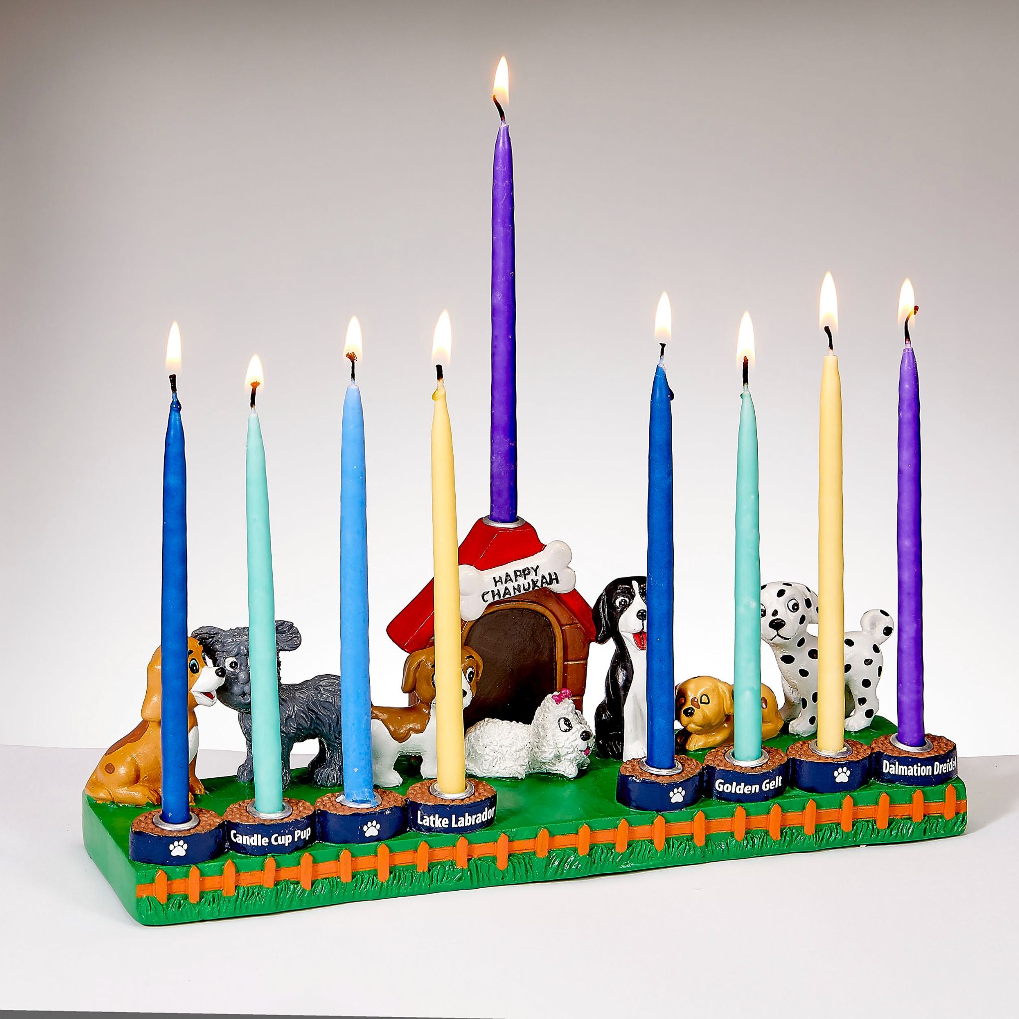 "Dog Lovers" Hand-Painted Resin Chanukiah – Contemporary Judaica